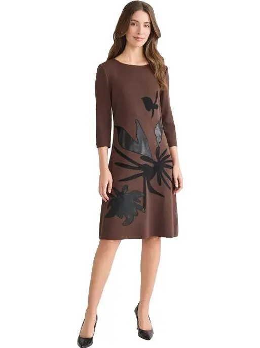 Ming Wang A-line Knit Dress With Applique - Dark Umber/black