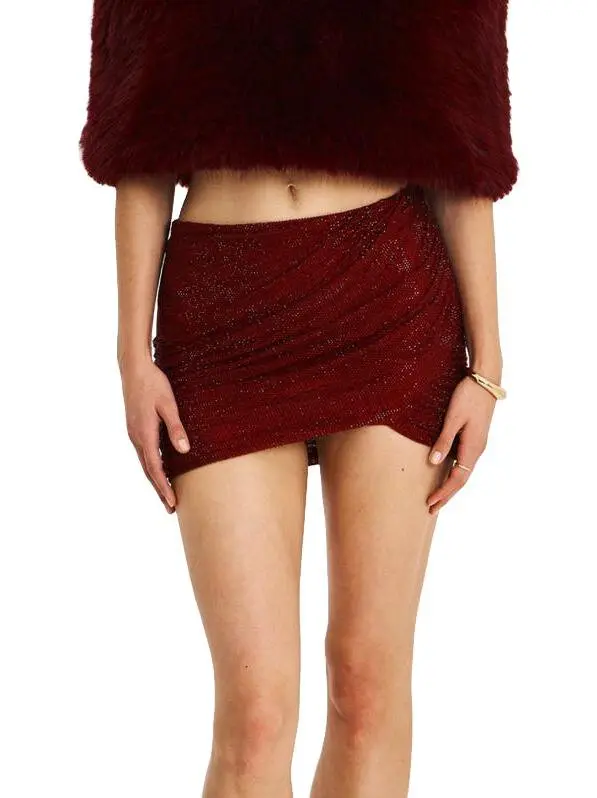 MISS CIRCLE Rhinestone Mesh Low Waist Skirt - Burgundy