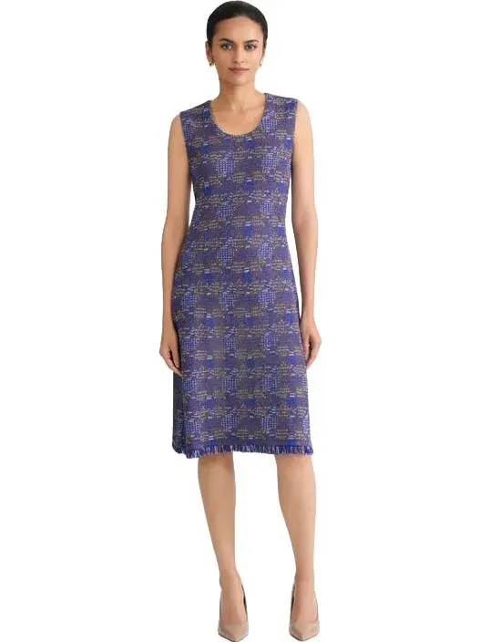 Ming Wang Sleeveless Fringe Tweed Knit Sheath Dress - Sapphire Sea/dark Umber/ivory