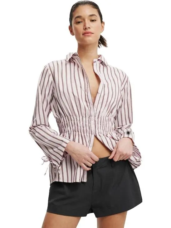 COTTON ON Gathered Long Sleeve Shirt - Ally Stripe Wineberry