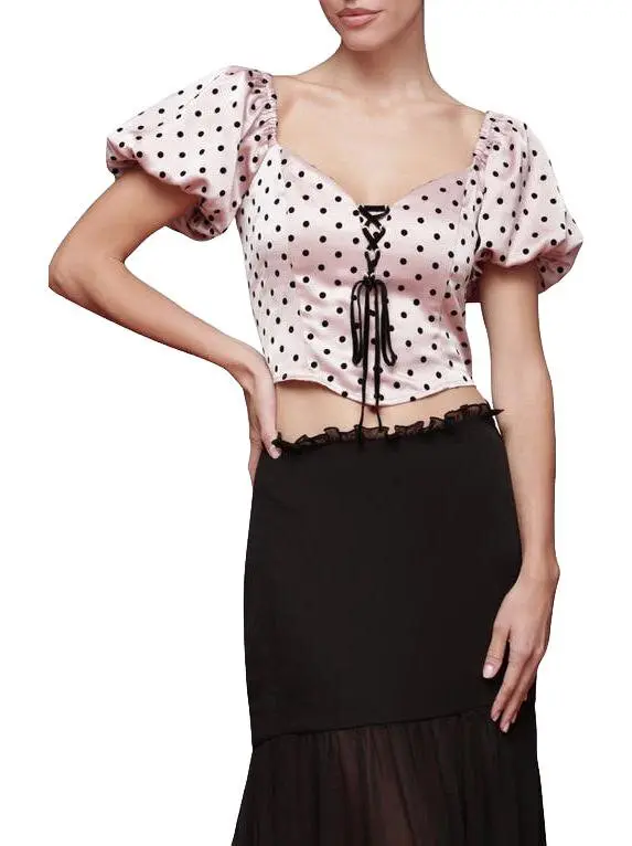 Avec Les Filles Puff Sleeve Polka Dot Crop Top - Pink And Black