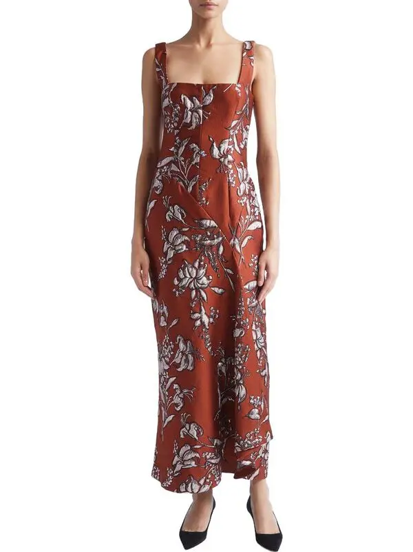 Lela Rose Metallic Floral Brocade Gown - Brick