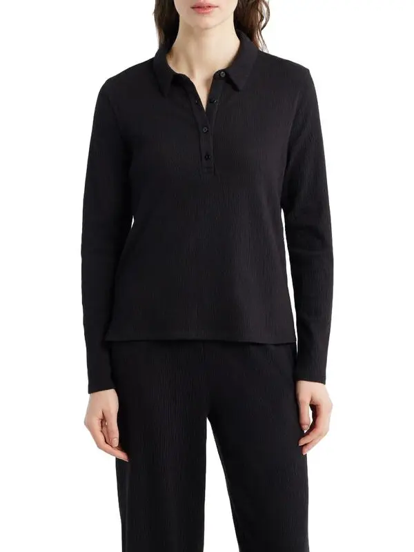 Eileen Fisher Slim Textured Henley - Black