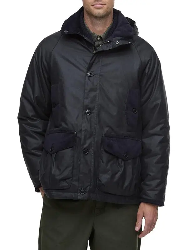 Barbour Waxed Cotton Utility Jacket With Removable Hood - Navy