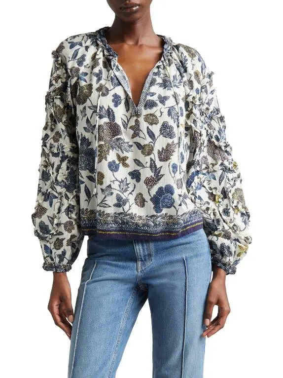 Ulla Johnson Azrou Floral Ruffle Split Neck Top - Porcelain
