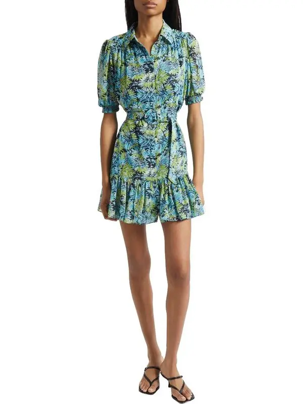 Cinq À Sept Dahlia Print Puff Sleeve Belted Shirtdress - Tropical Sky Multi