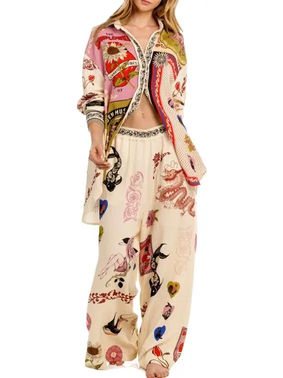 Agua Bendita Printed Wide Leg Cover-up Pants - White Multi