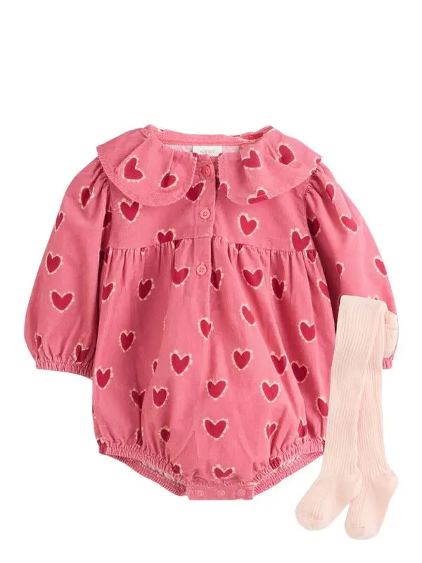 NEXT Heart Print Corduroy Bodysuit And Tights Set - Red