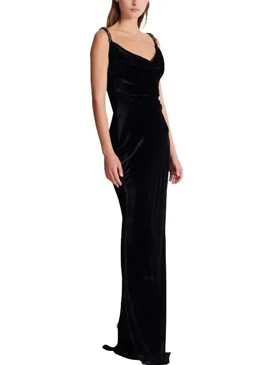 Balmain Long Velvet Dress With Embellished Straps - Black