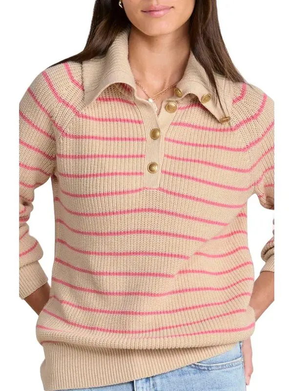 Vineyard Vines Striped Half Button Sweater - Oatmeal Heather
