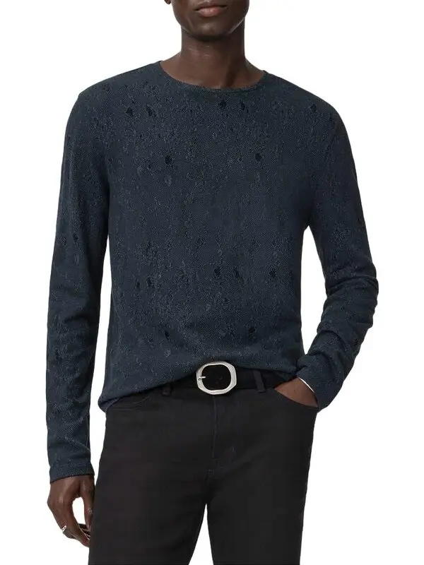 John Varvatos Vera Distressed Jacquard Long Sleeve Crewneck T-shirt - Navy