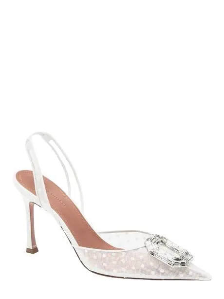Amina Muaddi Camelia Swiss Dot Slingback Pump - White Polka Dot Lace