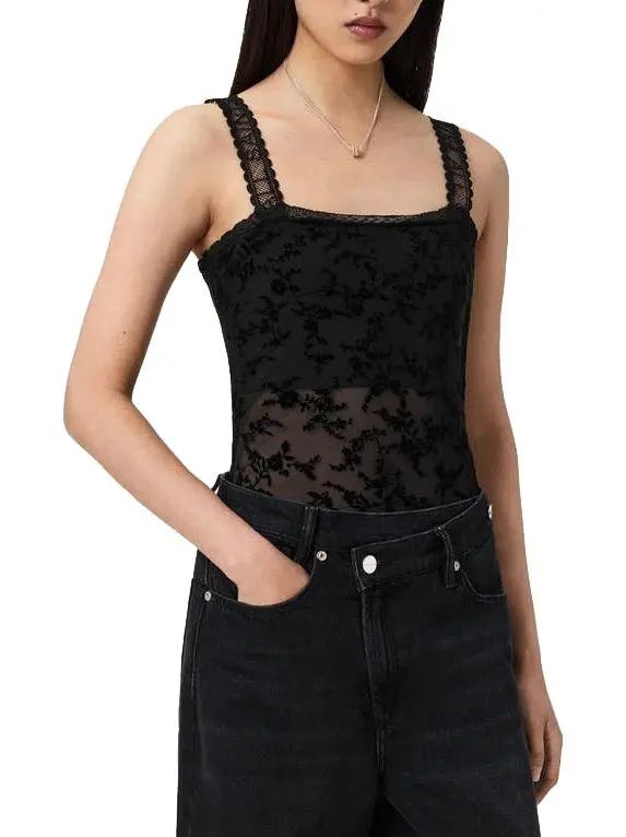 ALLSAINTS Charli Semisheer Flocked Bodysuit - Black