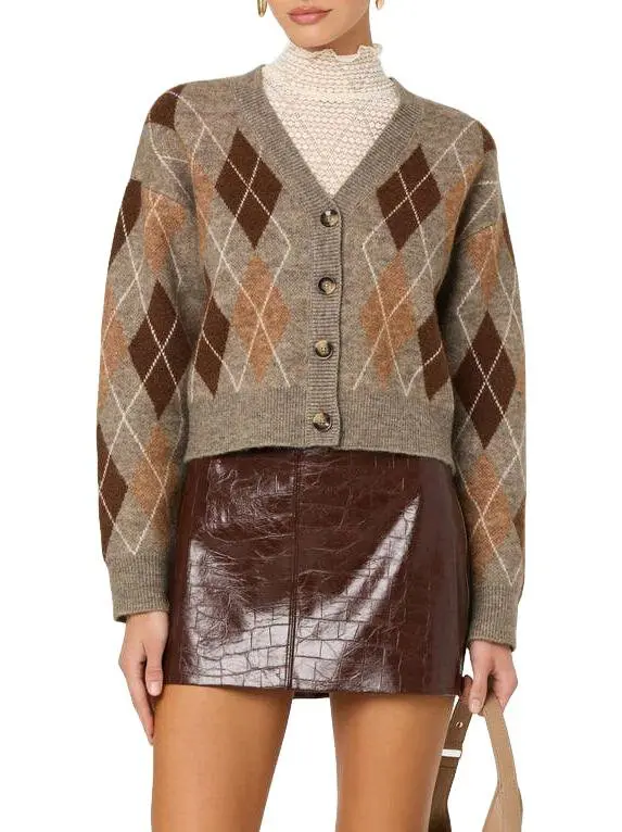 Astr The Label Ashtyn Argyle Cardigan - Brown Argyle
