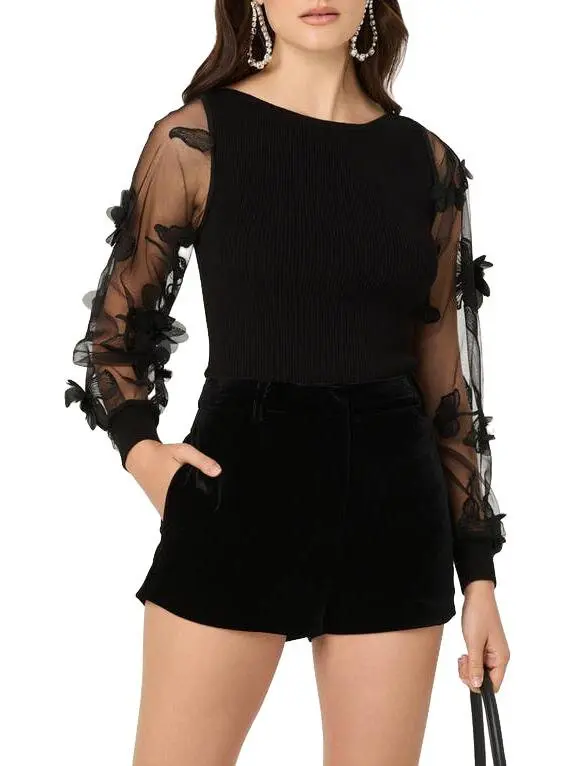 Astr The Label Meagan Floral Appliqué Sheer Sweater - Black