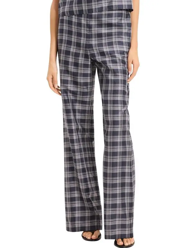 Theory Plaid Silk Straight-leg Pants - Navy Multi