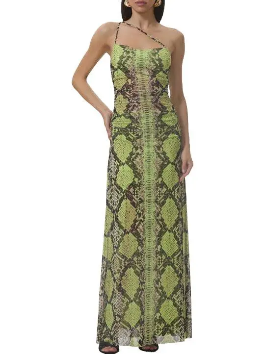 AFRM Lana One-shoulder Maxi Dress - Lime Snake