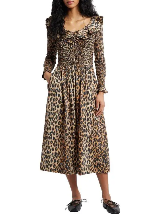 DAMSON MADDER Harper Smocked Long Sleeve Midi Dress - Leopard