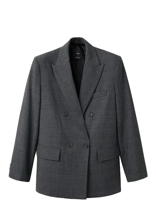 Mango Double-breasted Plaid Blazer - Grey