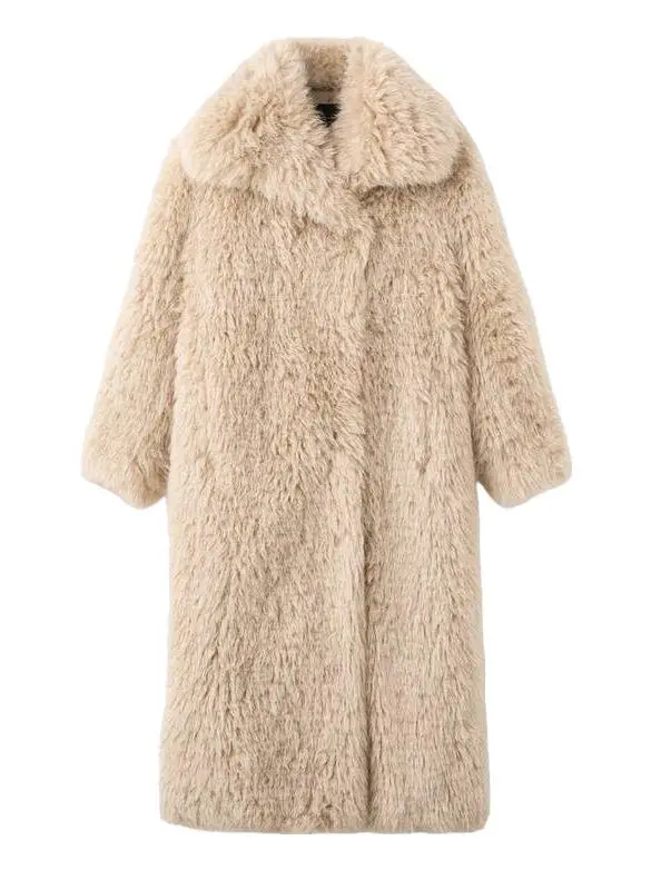 Mango Faux Fur Longline Coat - Beige