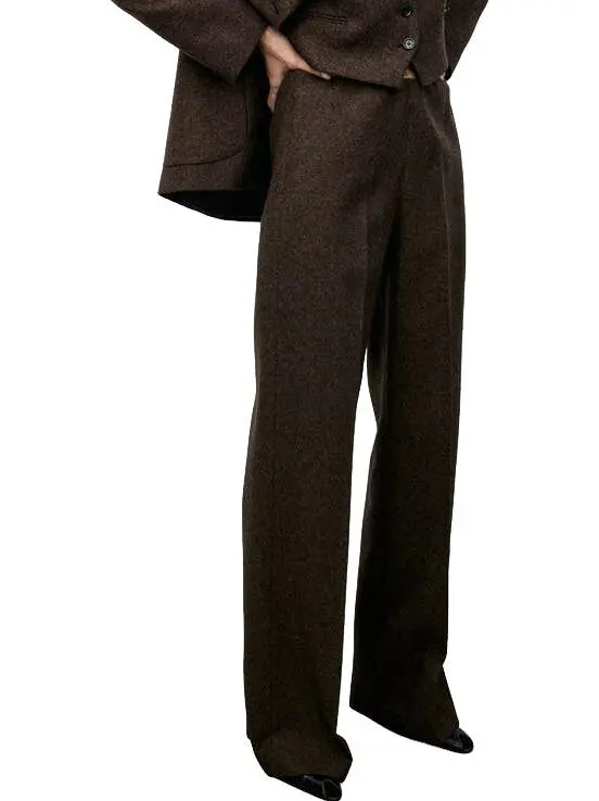 Mango Straight Leg Wool Blend Trousers - Brown