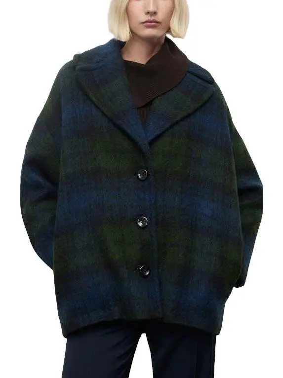 Mango Checked Oversized Coat - Navy