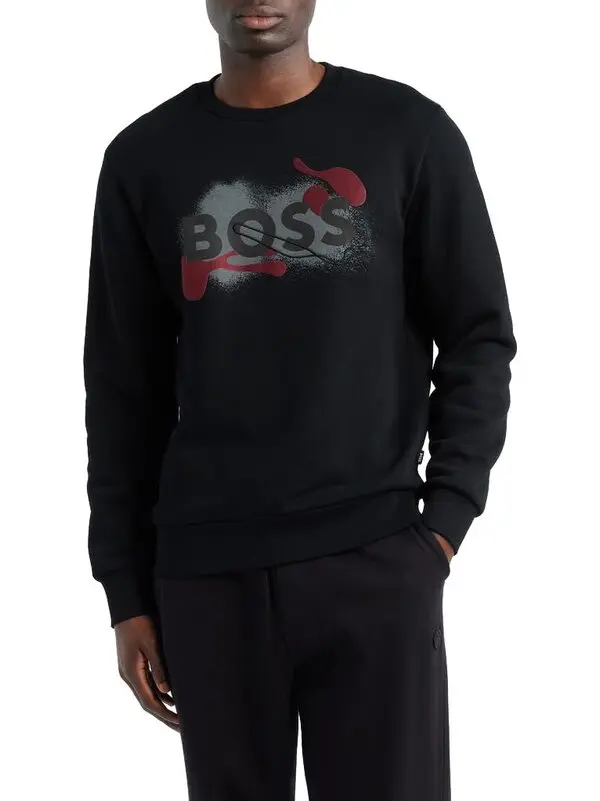 BOSS Soleri Abstract Graphic Cotton Fleece Crewneck Sweatshirt - Black