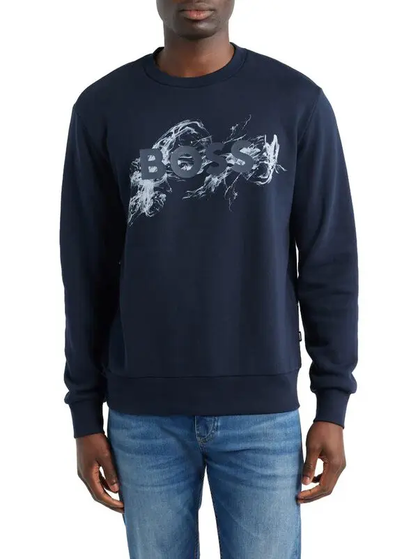 BOSS Soleri Abstract Graphic Cotton Fleece Crewneck Sweatshirt - Dark Blue