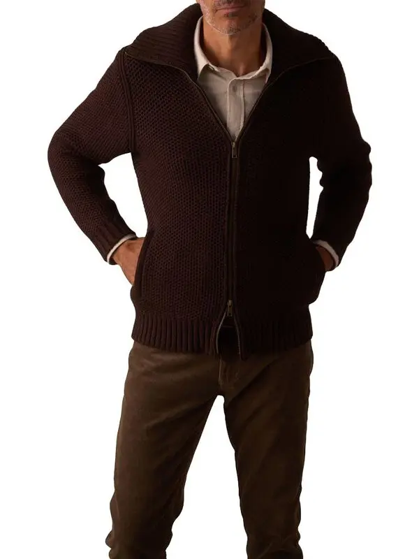 THE NORMAL BRAND Waffle Cotton Blend Full Zip Sweater - Dark Brown