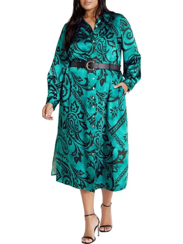 City Chic Sienna Long Sleeve Shirtdress - Paisley