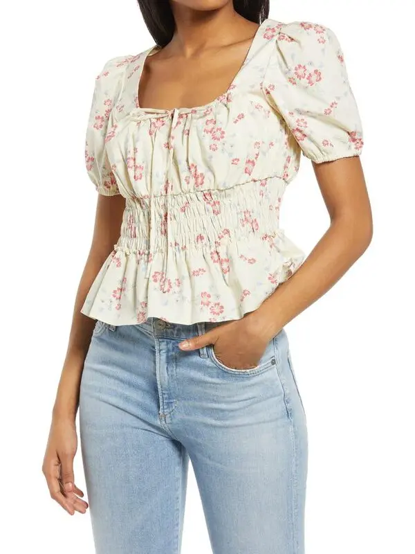 WAYF Lucian Floral Smocked Waist Top - Ivory Whisper Floral