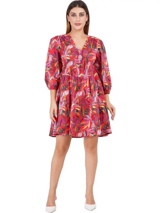 Leota Zariah Empire Waist Mini Dress - Palm Foliage Poppy Red