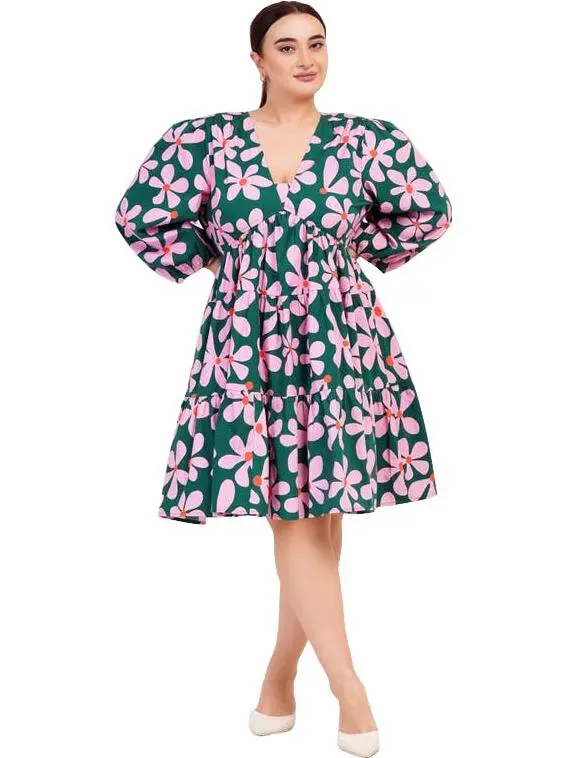 Leota Zariah Empire Waist Mini Dress - Dancing Daisies Evergreen
