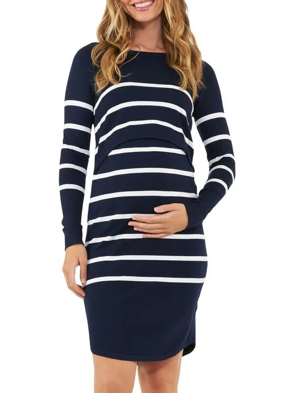 RIPE MATERNITY Valerie Stripe Long Sleeve Tunic Maternity Sweater Dress - Navy