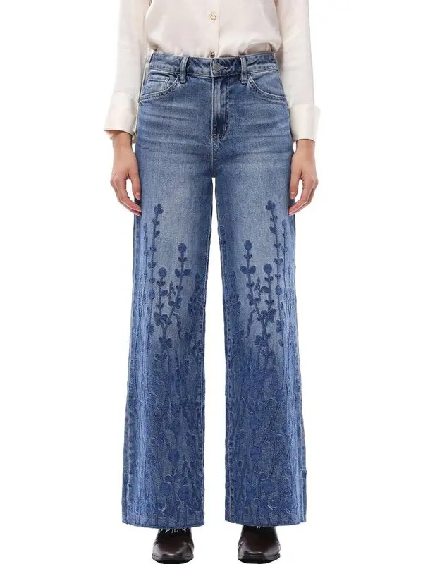 BAYEAS Embroidered High-waist Wide-leg Jeans - Medium Blue