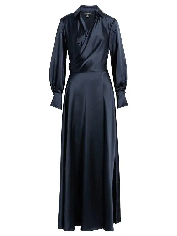 XSCAPE EVENINGS Spread Collar Long Sleeve Satin Gown - Navy