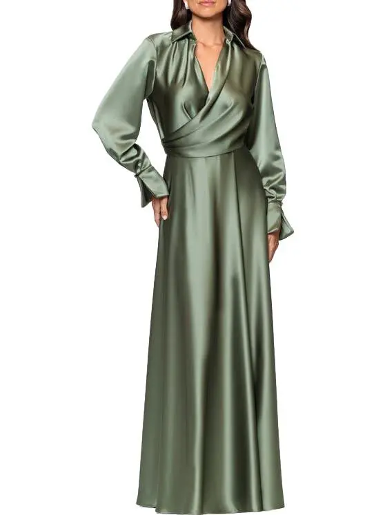 XSCAPE EVENINGS Spread Collar Long Sleeve Satin Gown - Olive