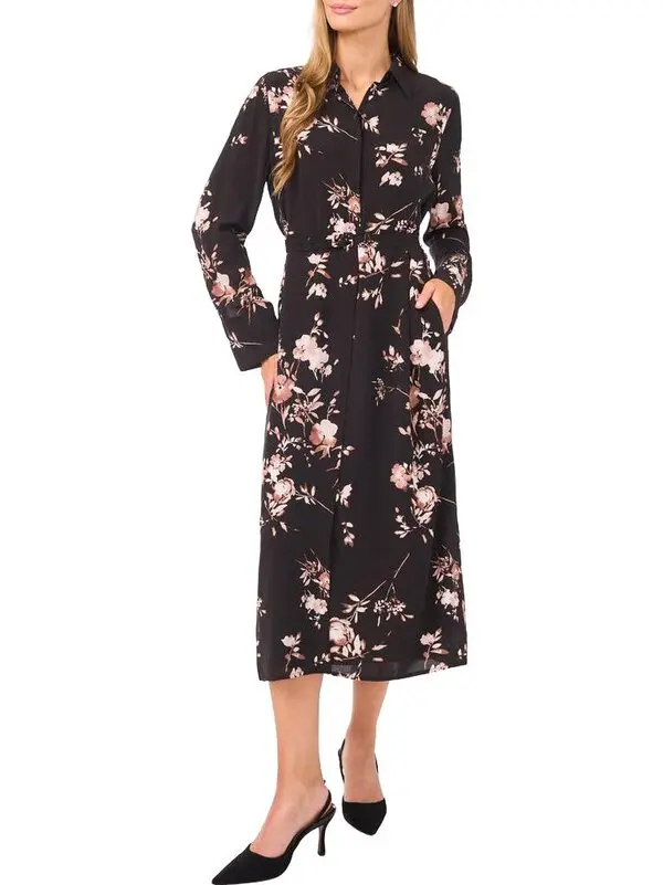 Ted Baker London Mina Long Sleeve Midi Shirt Dress - Rich Black