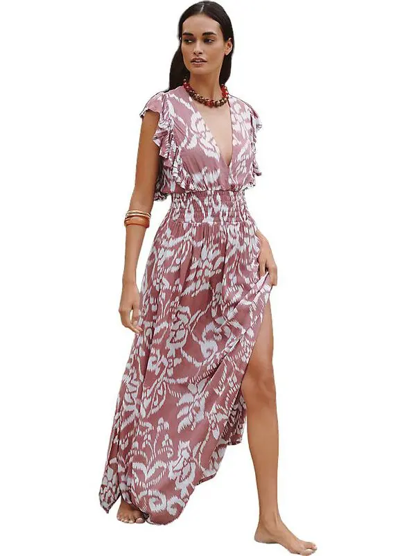 Tiare Hawaii Dahlia Ruffled V-neck Maxi Dress - Mauve
