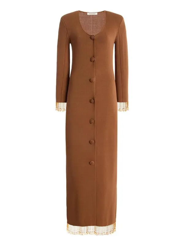 BY MALENE BIRGER Serafina Longline Cardigan With Tonal Beaded Fringes - Brown