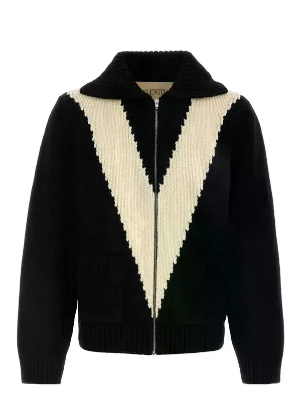Valentino Garavani Chevron-pattern Wool Cardigan - Black