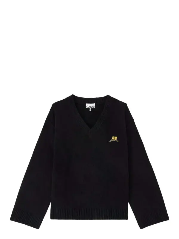GANNI V-neck Embroidered Knitwear - Black