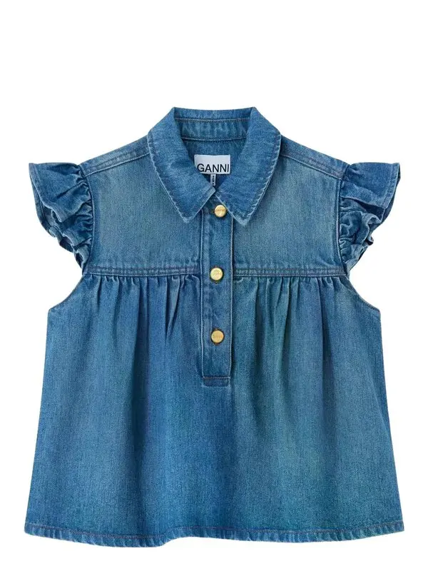 GANNI Ruffled Denim Top - Blue