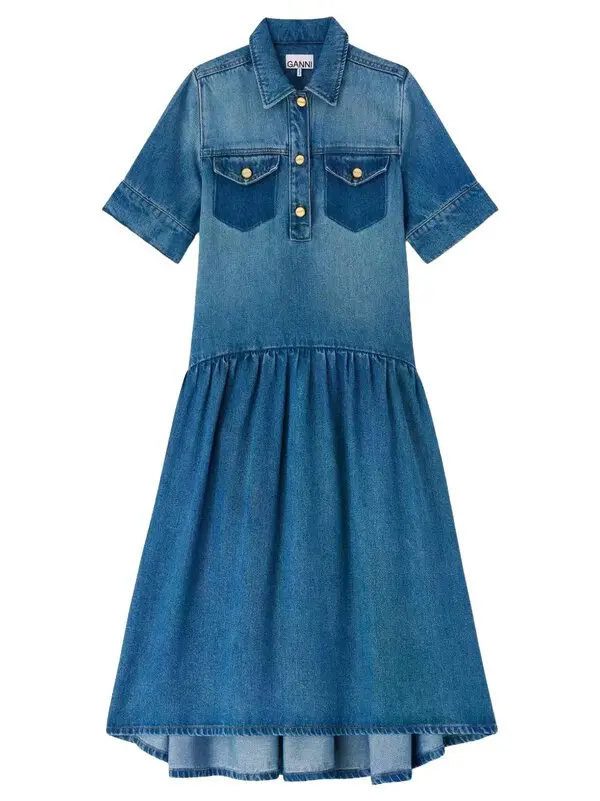 GANNI Buttoned Ruffled Dress - Blue