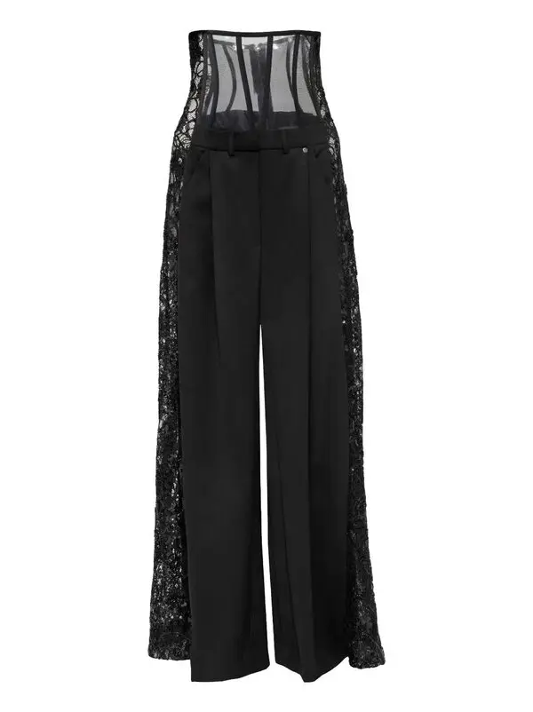 NISSA Wide Leg Trousers With Lace Detail - Black