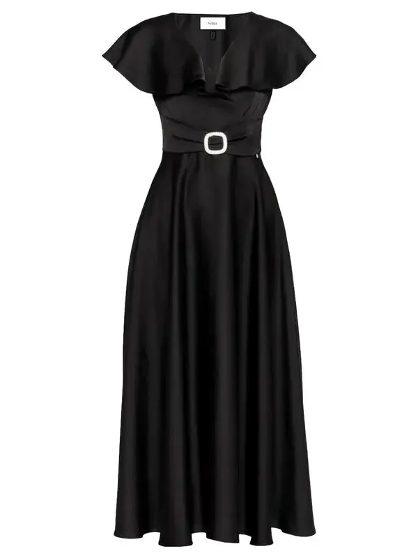 NISSA Ruffled Belted Satin Midi Dress - Black