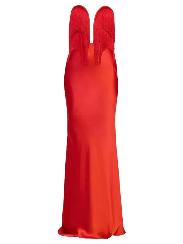 NISSA Fringe Satin Maxi Dress - Red