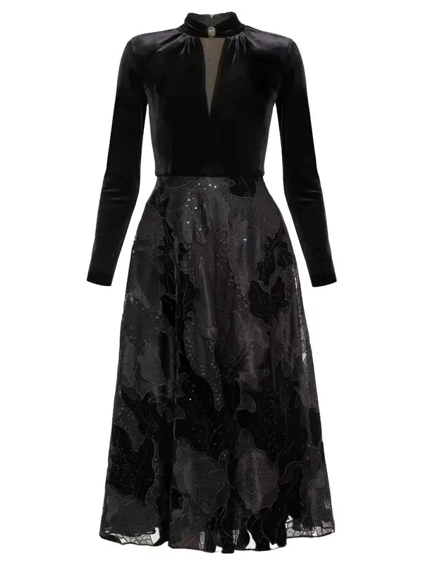 NISSA Embroidered Velvet Midi Dress - Black