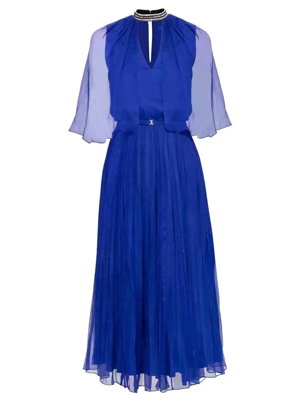 NISSA Crystal-detail Pleated Silk Dress - Blue