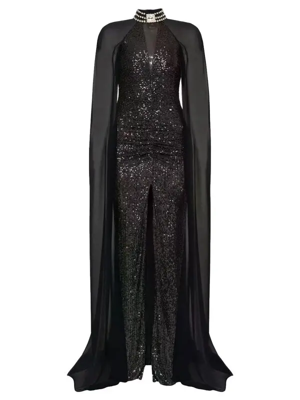 NISSA Sequin Embellished Cape Gown - Black